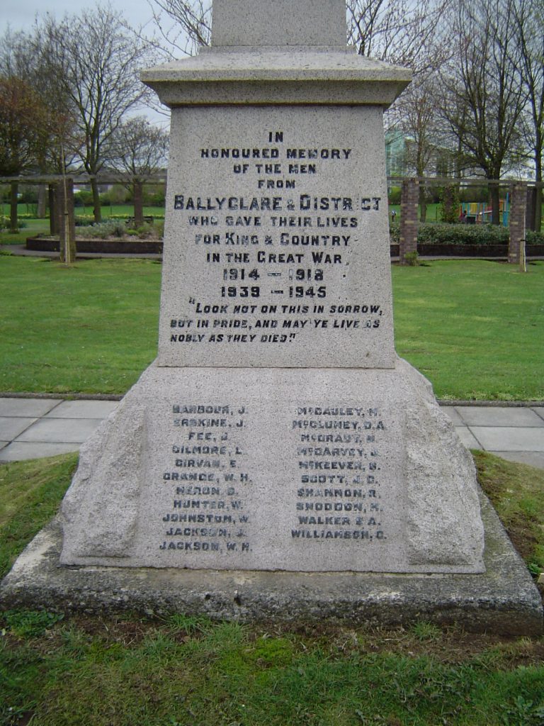 BALLYCLARE Co. Antrim – War Memorials in the north of Ireland